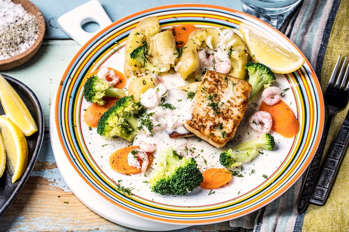 Fiskepudding med hvit saus og reker - Oppskrift - Godtlevert