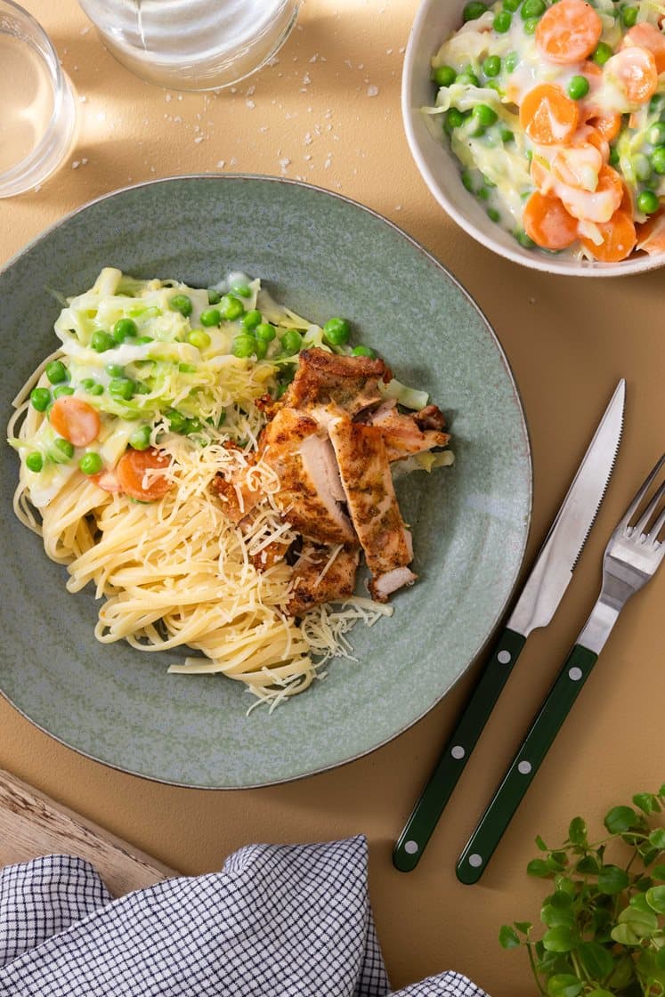 Pasta med stekt kylling - Oppskrift - Godtlevert